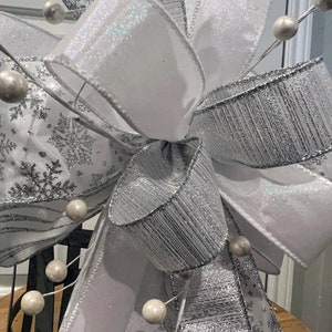 Christmas White and Silver Bow, Winter Bow, Snowflake Bow, Bow for ...