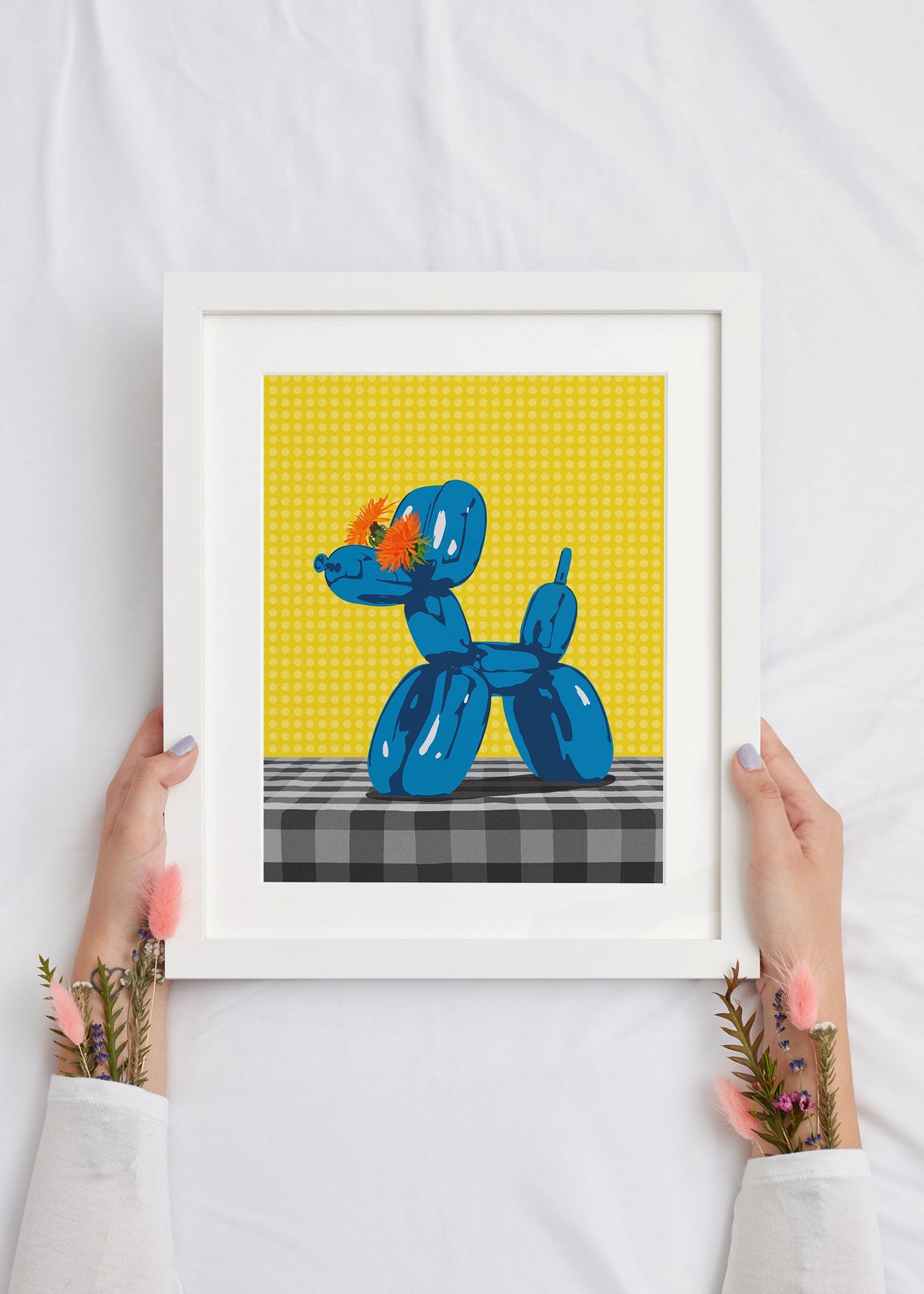 Balloon Dog Poster Floral Art, Poodle With Flower, Blue Metal Dog With ...