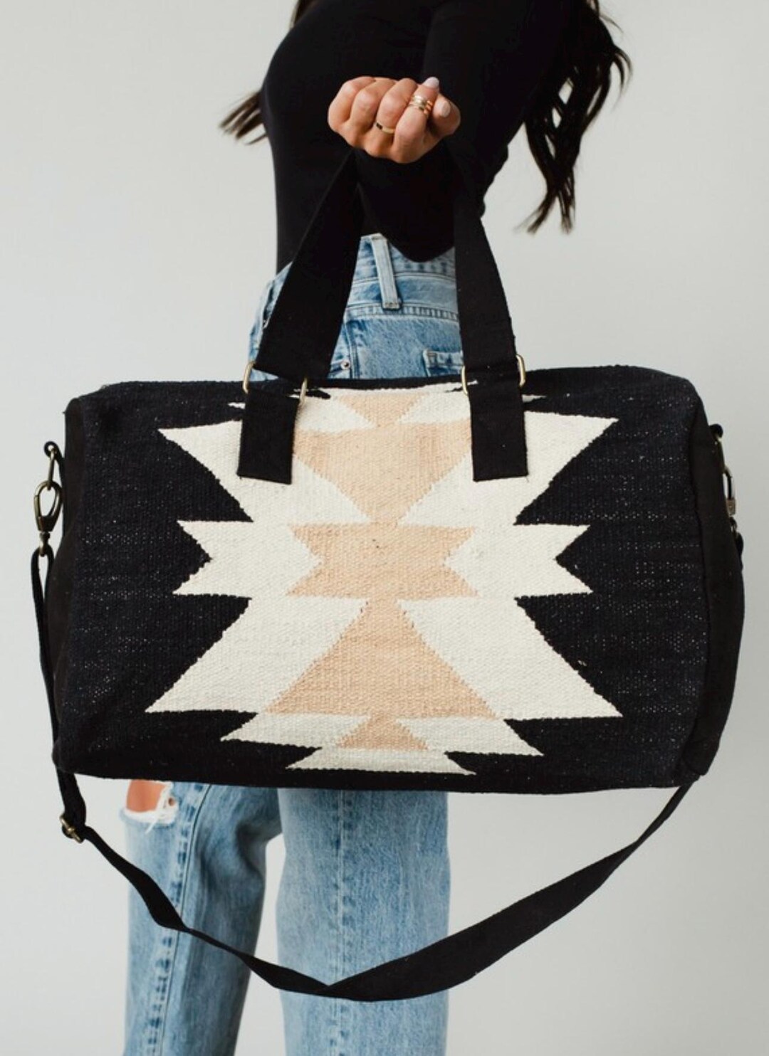 Black, Cream and Tan Boho Aztec Duffel Bag, Weekender Bag, Neutral Bag ...