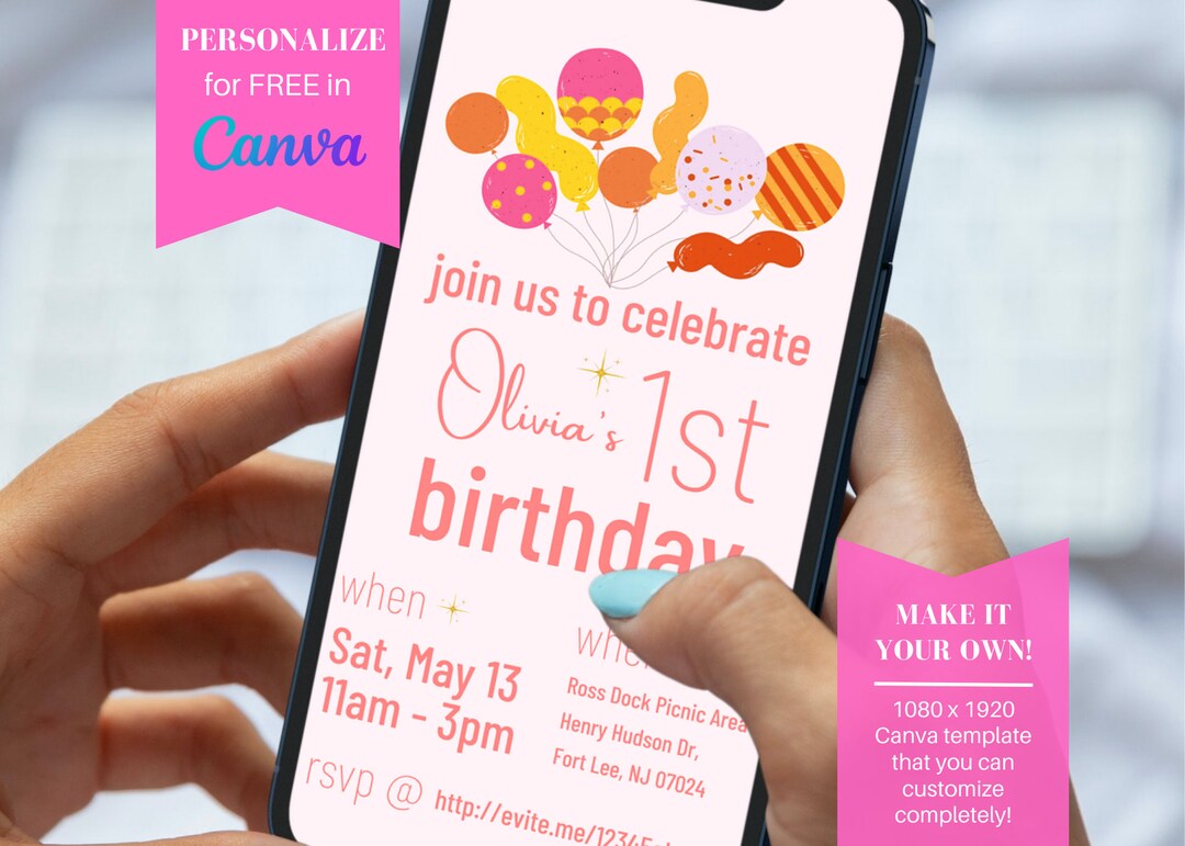 Birthday Invitation Digital Mobile Phone SMS Text Kids Balloon Pink ...