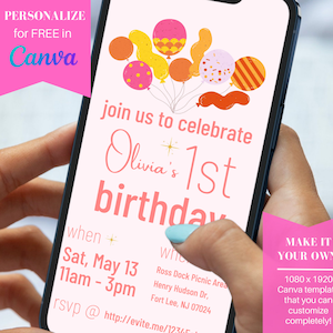 Birthday Invitation Digital Mobile Phone SMS Text Kids Balloon Pink ...