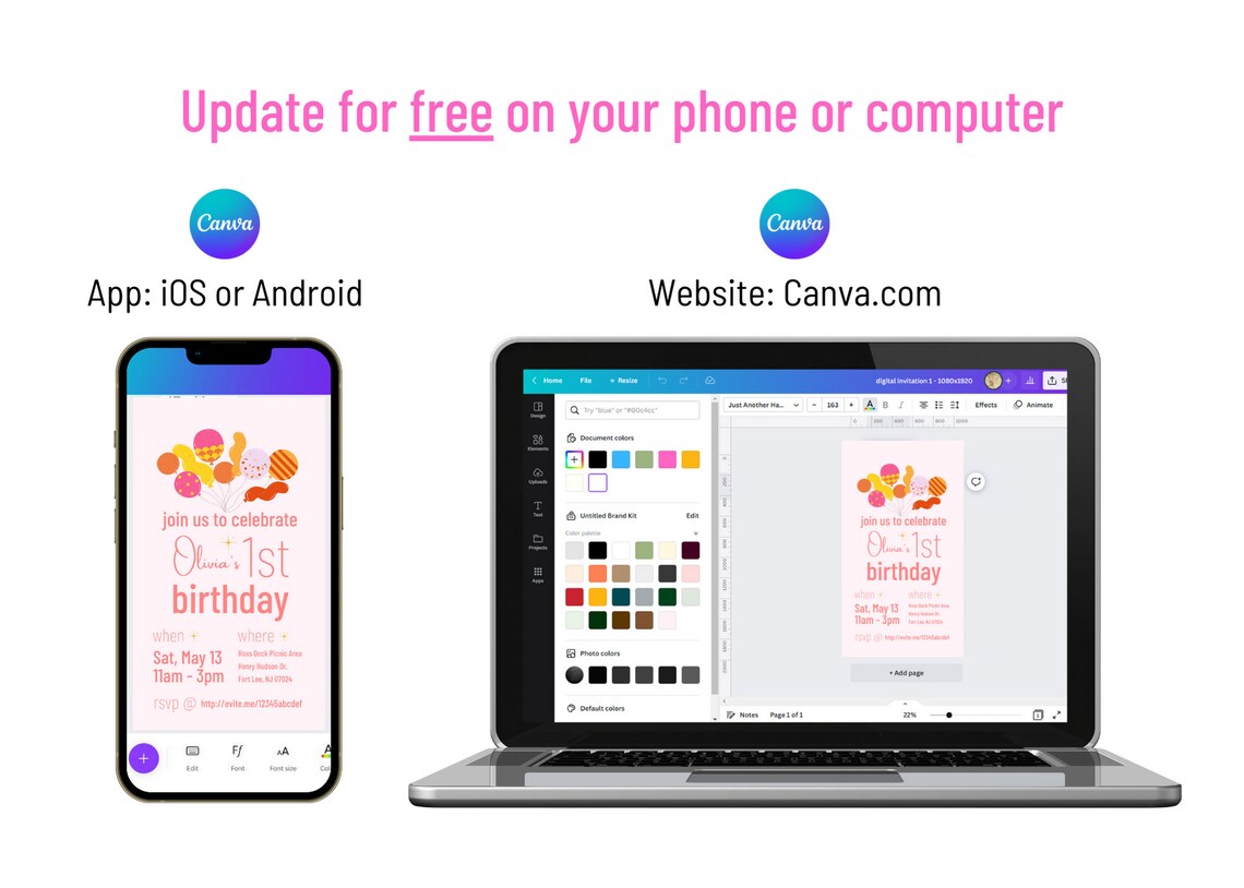 Birthday Invitation Digital Mobile Phone SMS Text Kids Balloon Pink ...