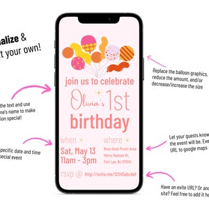 Birthday Invitation Digital Mobile Phone SMS Text Kids Balloon Pink ...