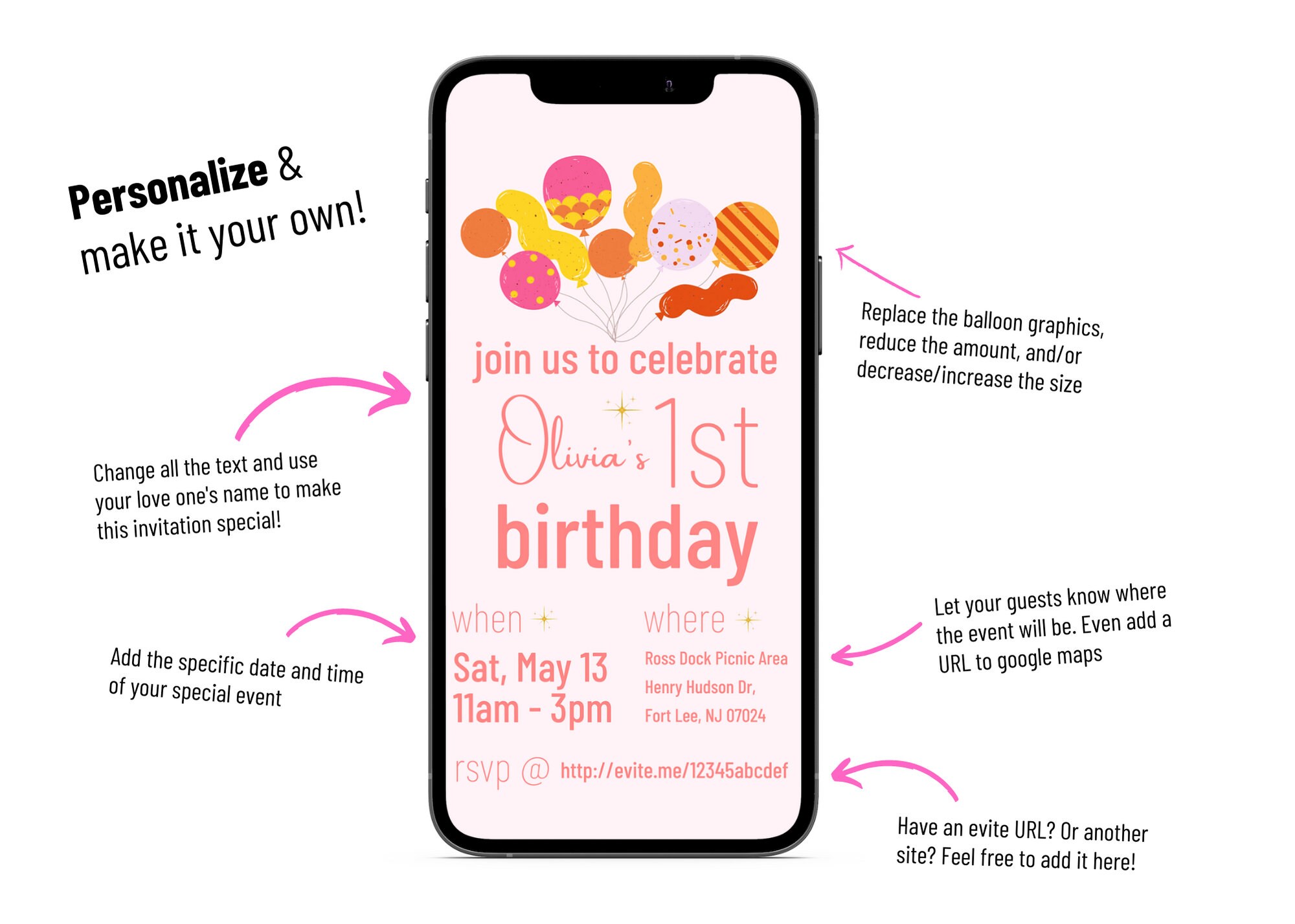 Birthday Invitation Digital Mobile Phone SMS Text Kids Balloon Pink ...