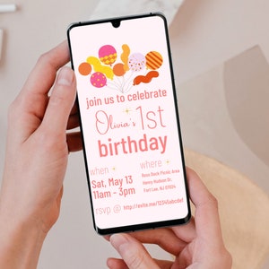 Birthday Invitation Digital Mobile Phone SMS Text Kids Balloon Pink ...
