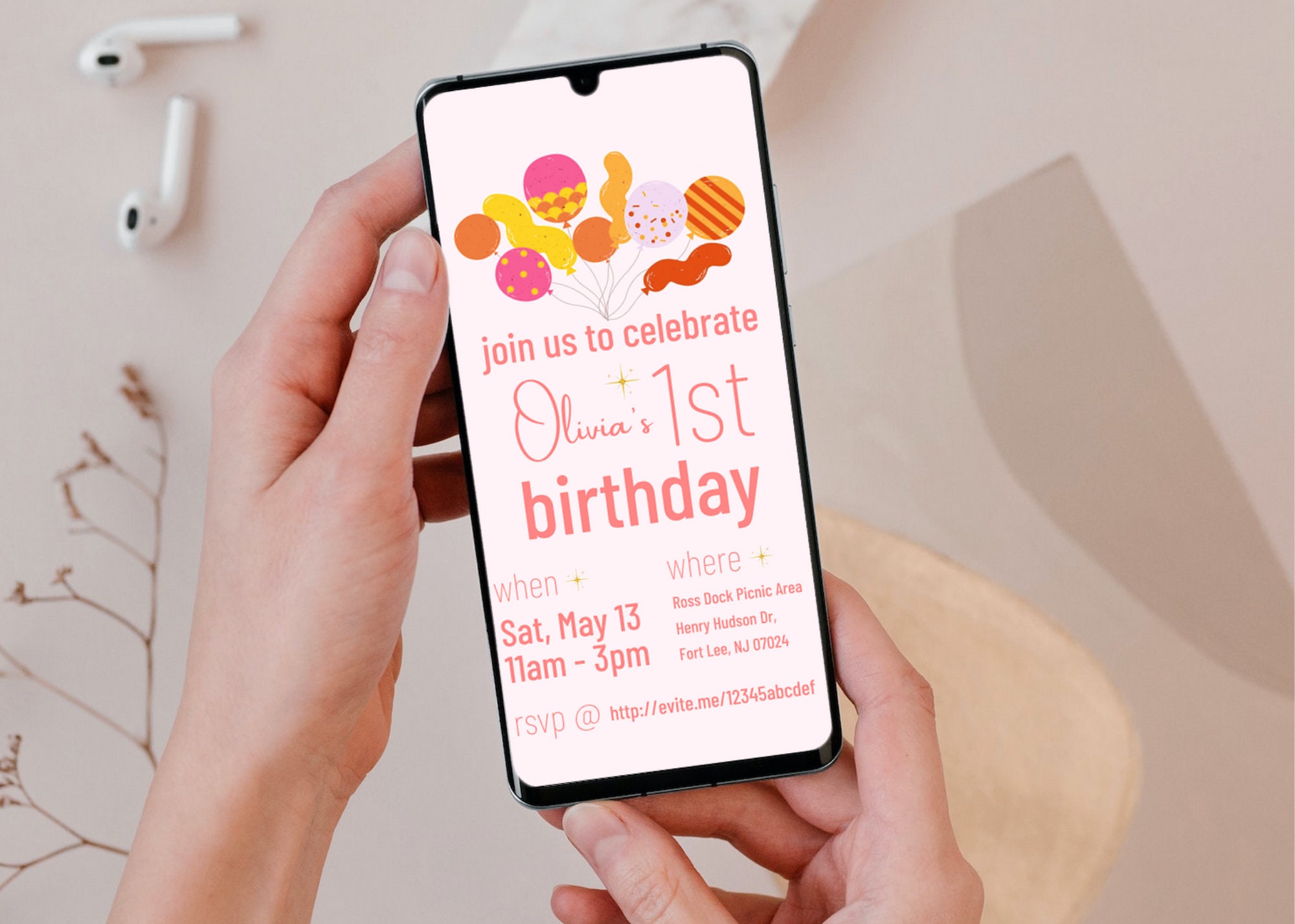 Birthday Invitation Digital Mobile Phone SMS Text Kids Balloon Pink ...