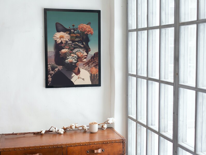Cat Girl Retro Collage Art, Surreal Art, Vintage Wall Art, Retro Poster ...