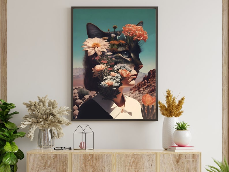 Cat Girl Retro Collage Art, Surreal Art, Vintage Wall Art, Retro Poster ...