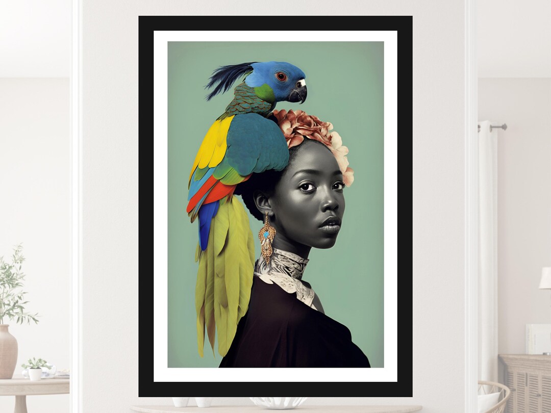 Woman & Parrot, Retro Collage Art, Surreal Art, Vintage Wall Art, Retro ...