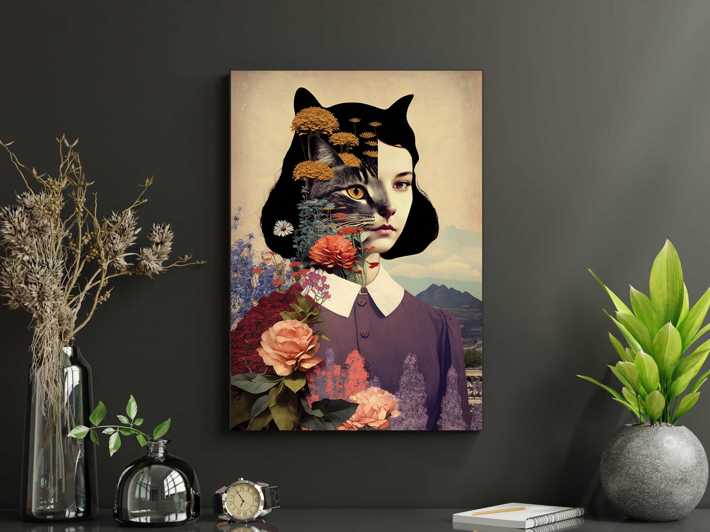 Retro Collage Art, Surreal Art, Vintage Wall Art, Retro Cat Girl Poster ...