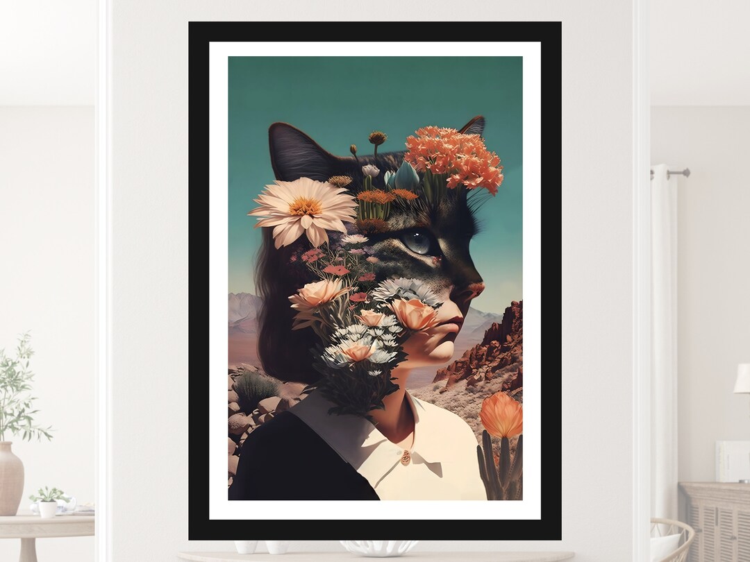 Cat Girl Retro Collage Art, Surreal Art, Vintage Wall Art, Retro Poster ...