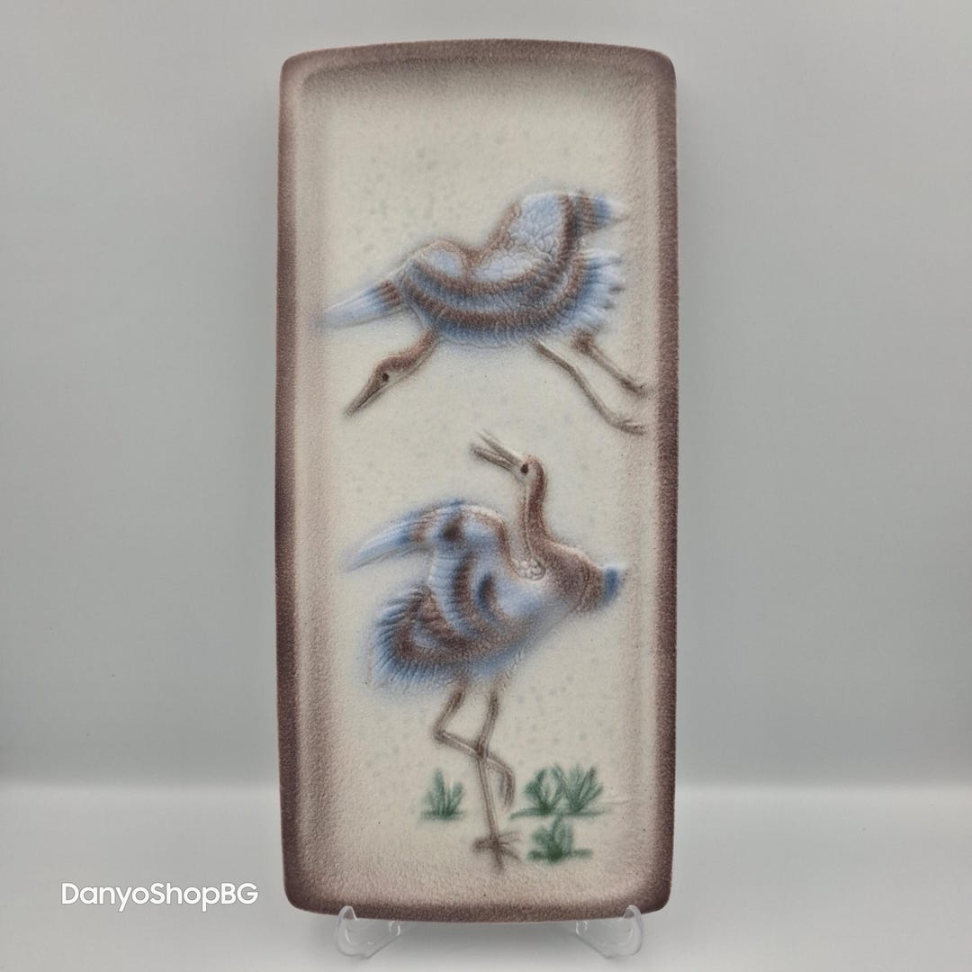 Vintage West German Wall Plaque With Oriental Cranes, Textured Ceramic ...
