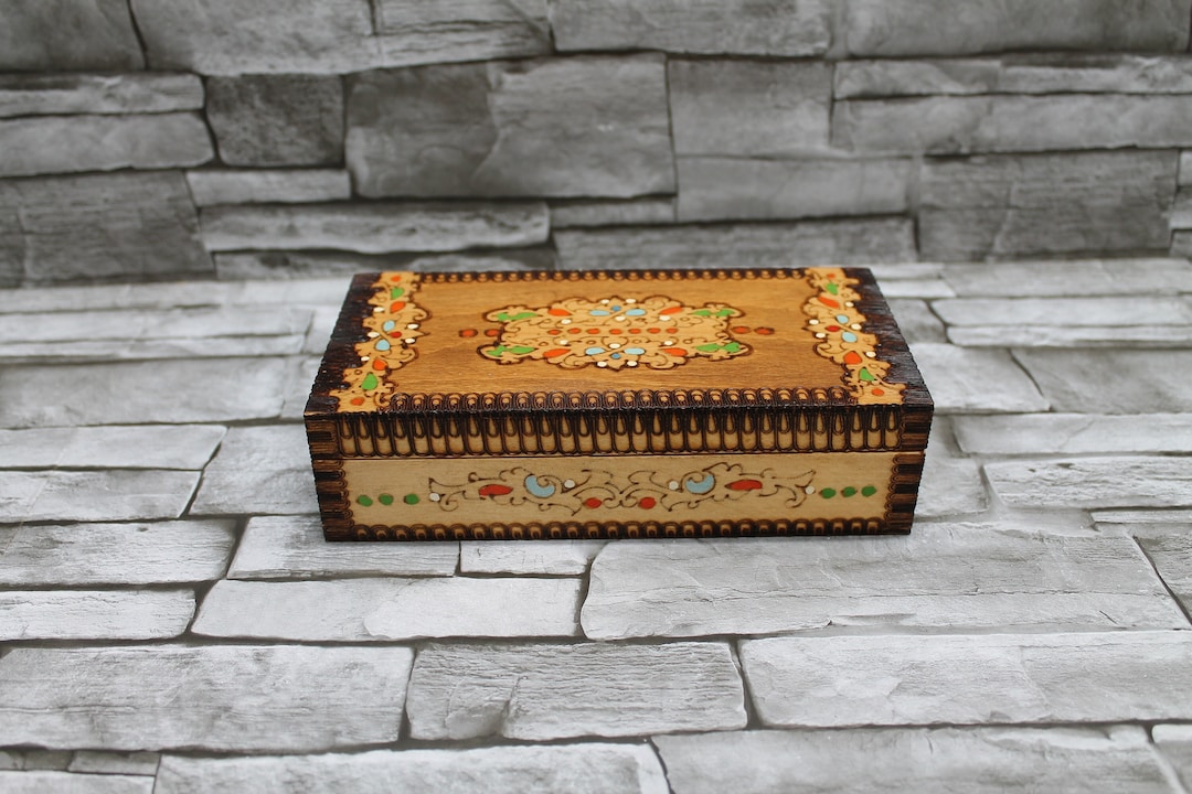 Vintage Pyrography Wooden Box: Hand-painted Jewelry or Pencil Storage ...