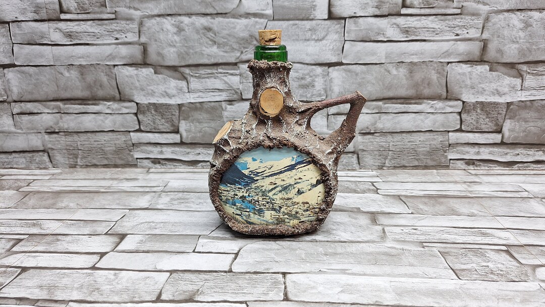 Vintage Austrian Rare Bark Wood Carved Overglass Art Bottle Decanter ...