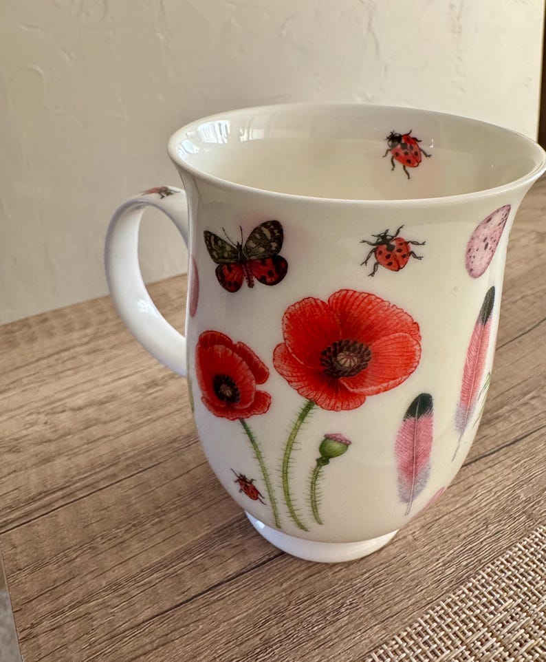 Dunoon Fine Bone China Mug Poppy Feather Ladybird Design Made in ...