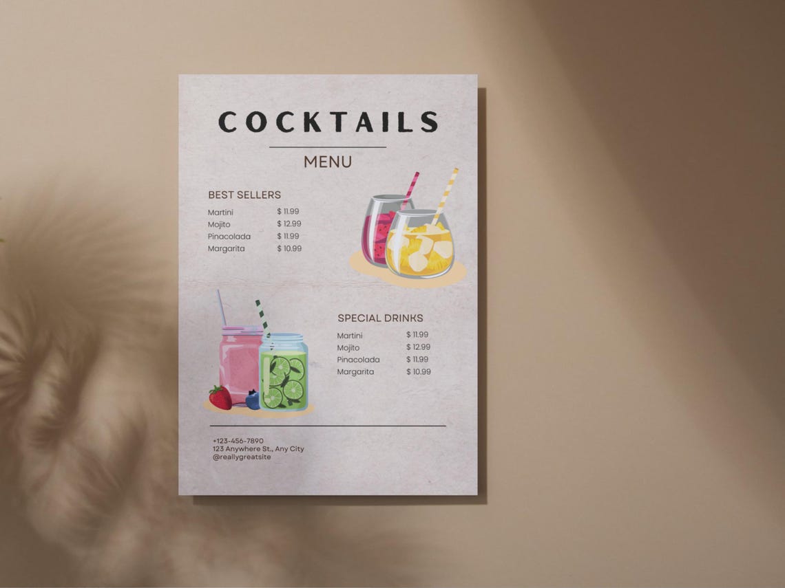 Bar Menu Template Modern Editable Cocktails Menu Template Minimalist ...