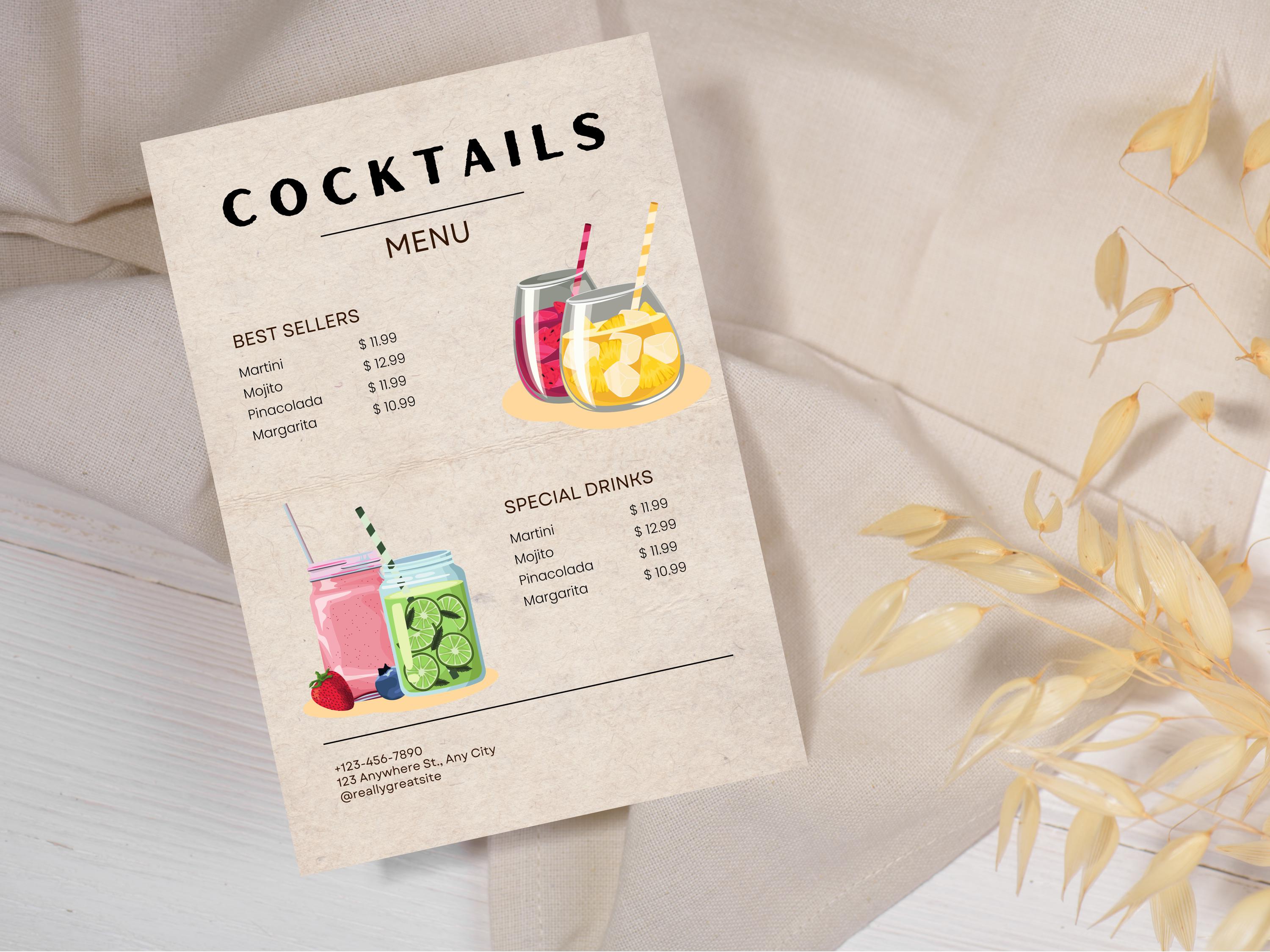 Bar Menu Template Modern Editable Cocktails Menu Template Minimalist ...