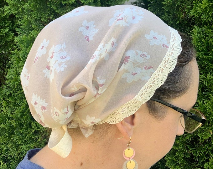Blush Floral Chiffon Snood Headcovering Headwrap Headscarf Tichel
