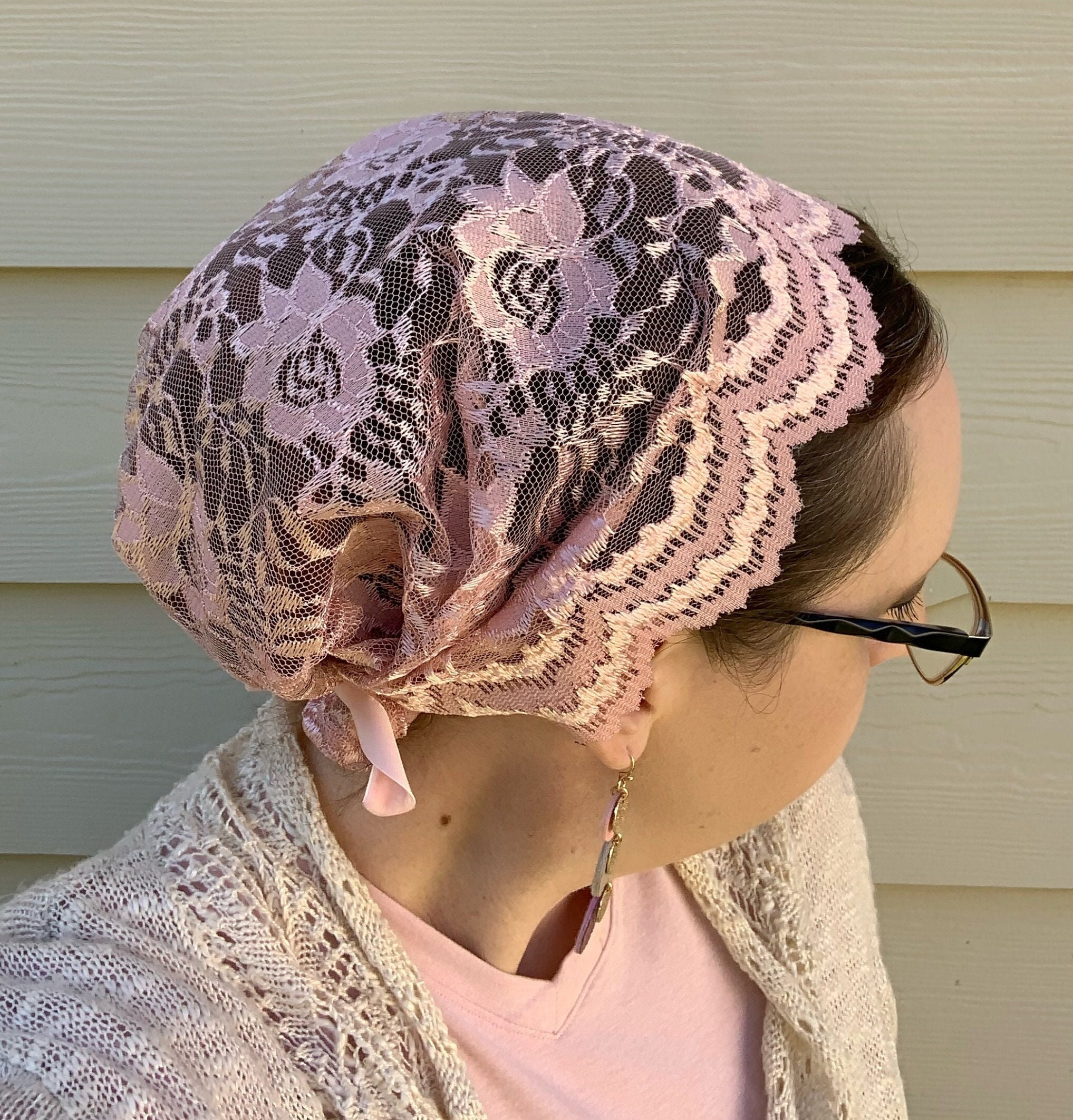 Full And Medium Coverage Pink Floral Lace Snood Headcovering Prayer
