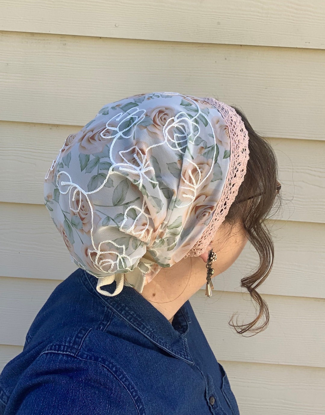 Rose Garden & Blush Lace Chiffon Embroidered Snood, Headcovering ...