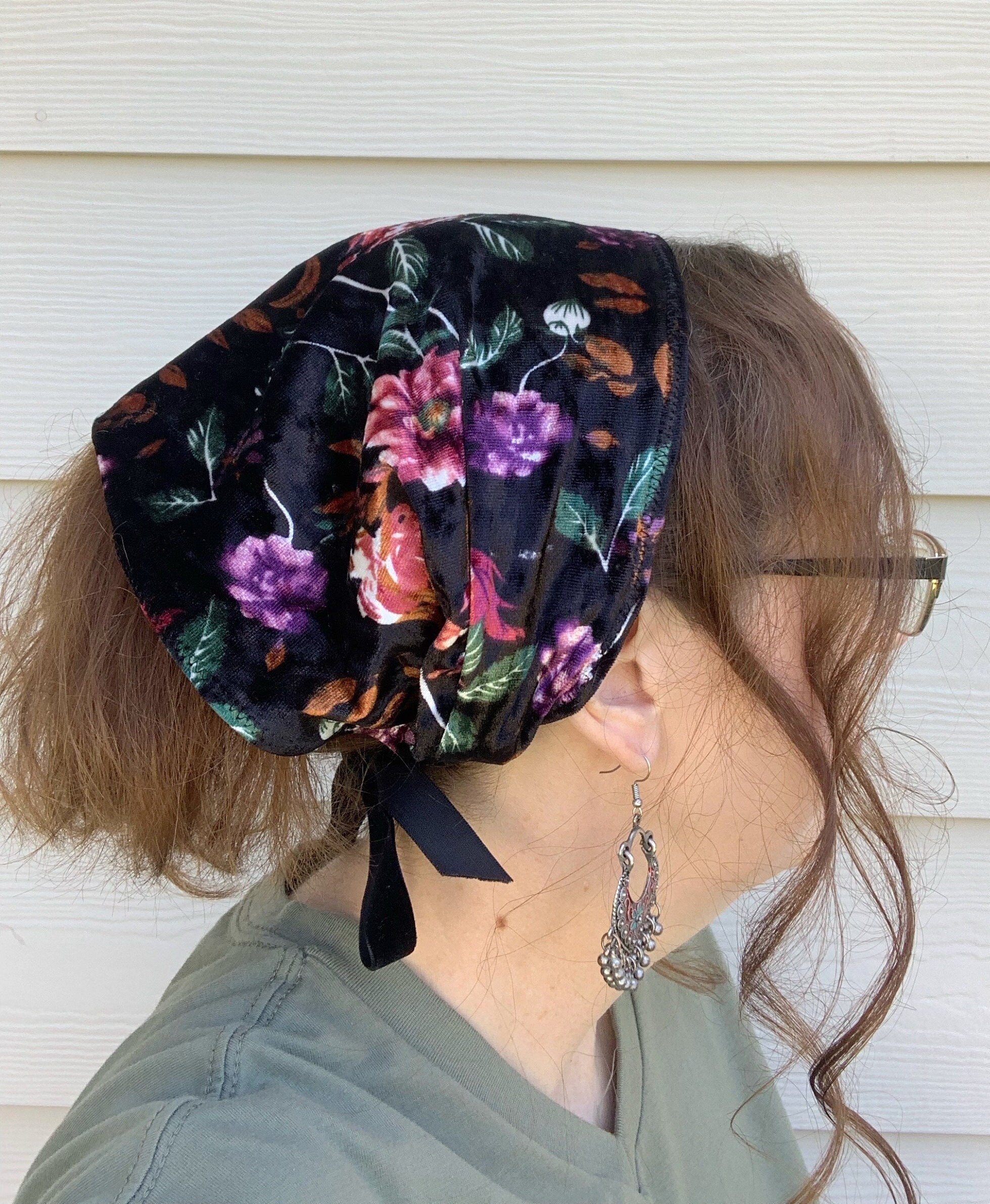 Black Stretch Velvet Floral Headcovering, Headband, Headwrap, Headscarf ...