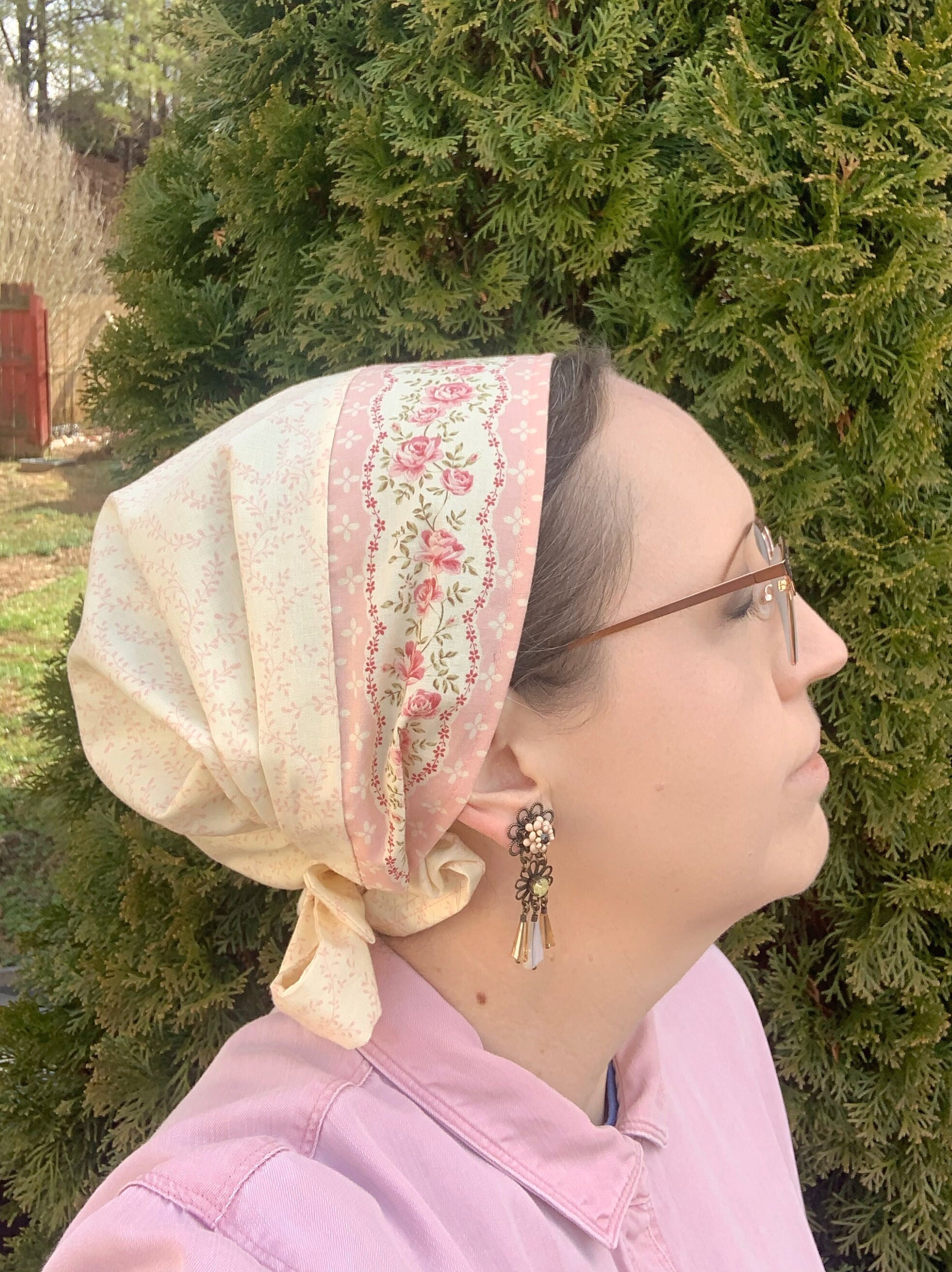 100 Cotton Pink Floral Full Coverage Snood Headcovering Headwrap