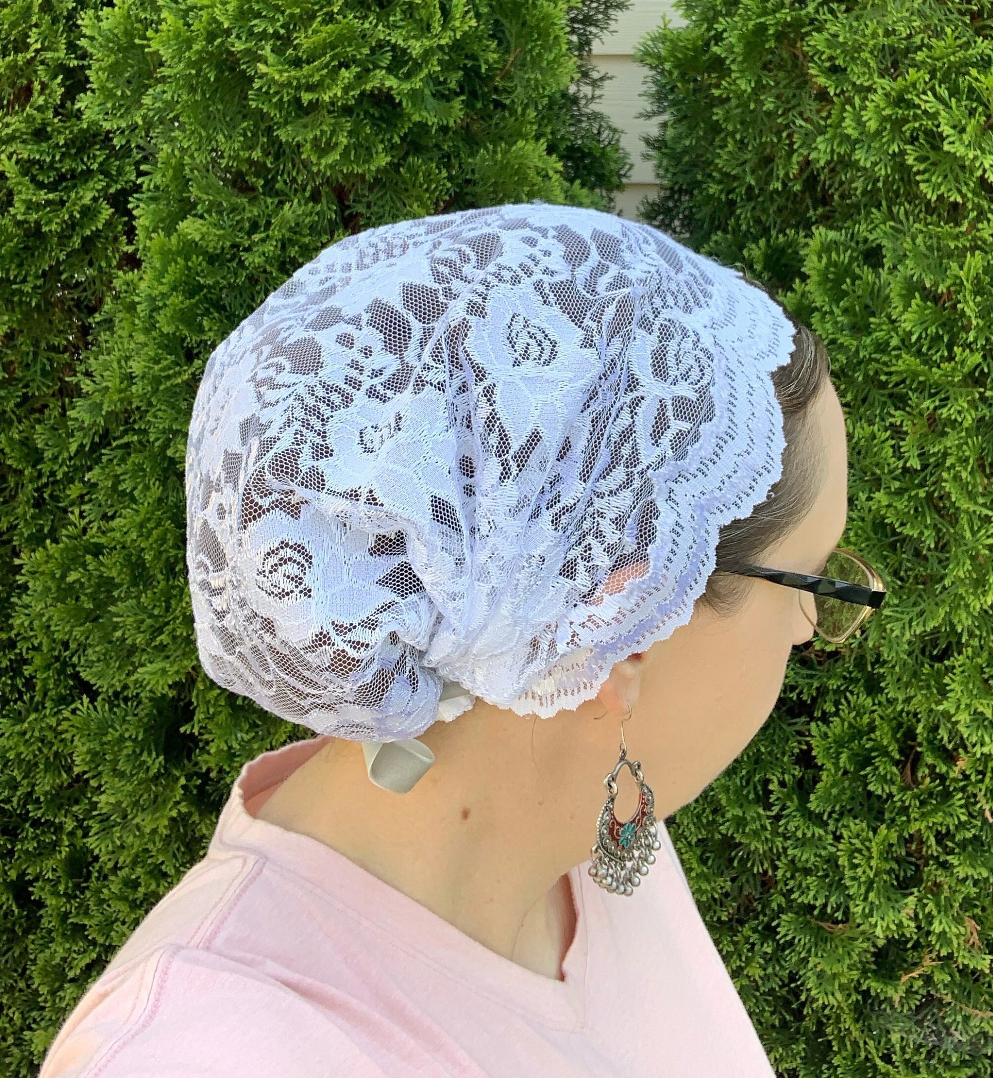 New Elastic Back White Lace Full Coverage Snood, Headcovering, Tichel ...