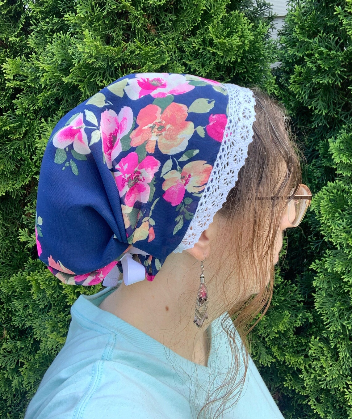Navy And Pink Floral Chiffon Snood With Lace Headcovering Tichel