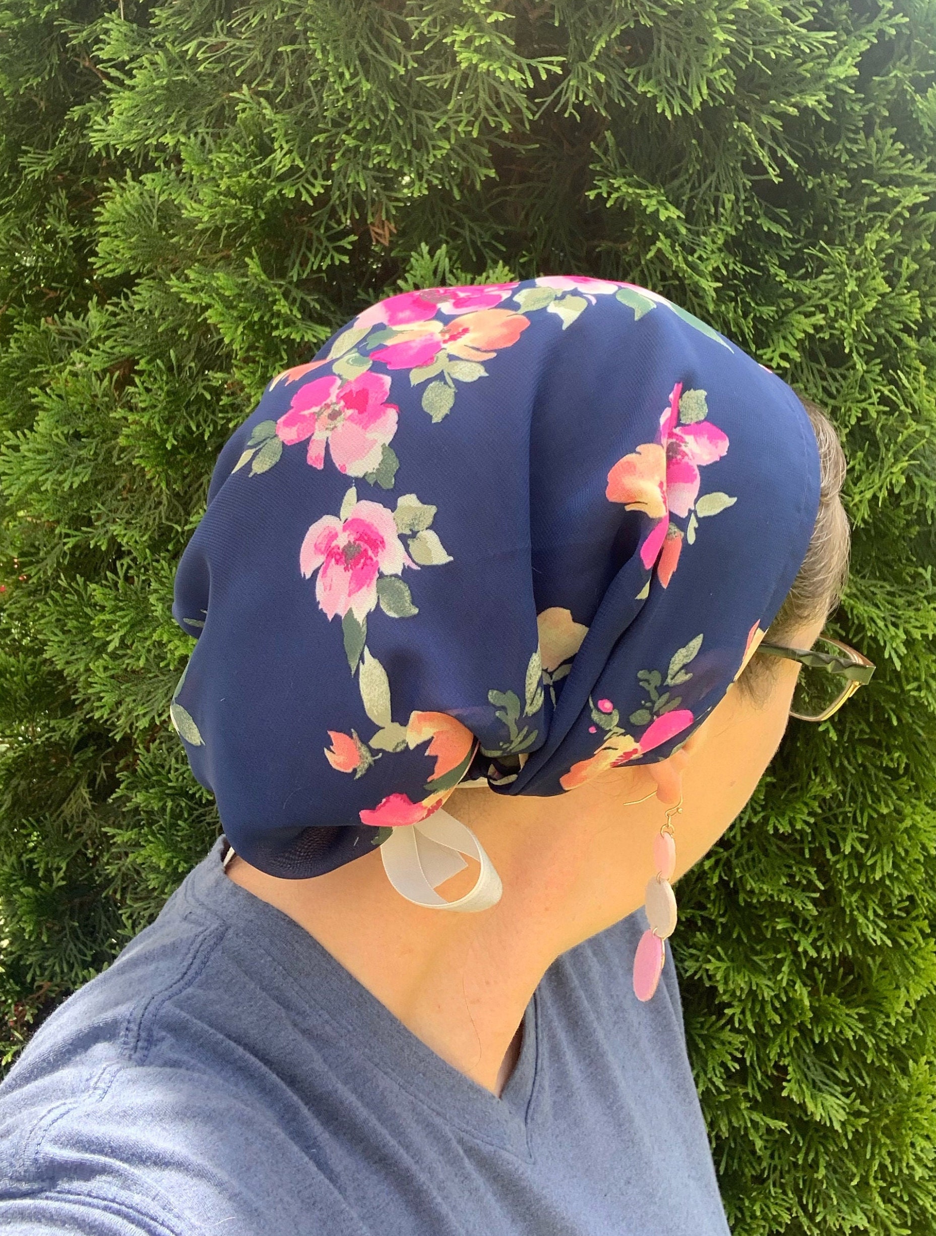Elastic Back Navy And Pink Floral Chiffon Snood Headcovering Tichel