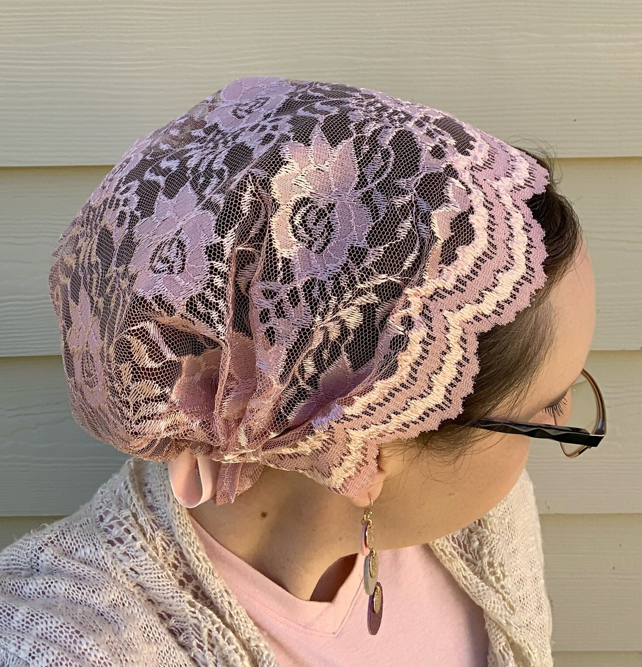 Full And Medium Coverage Pink Floral Lace Snood Headcovering Prayer