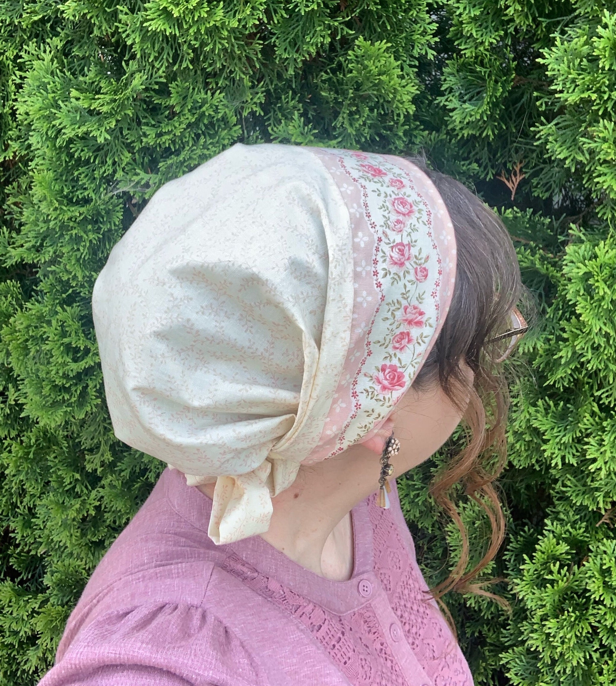 100 Cotton Pink Floral Full Coverage Snood Headcovering Headwrap