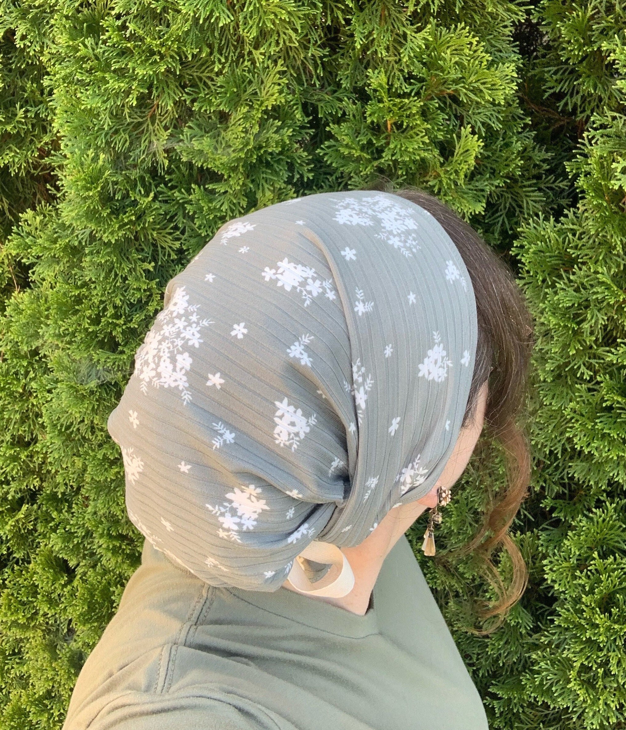 Sage and Ivory Floral Stretch Knit Full Coverage Snood, Headcovering ...