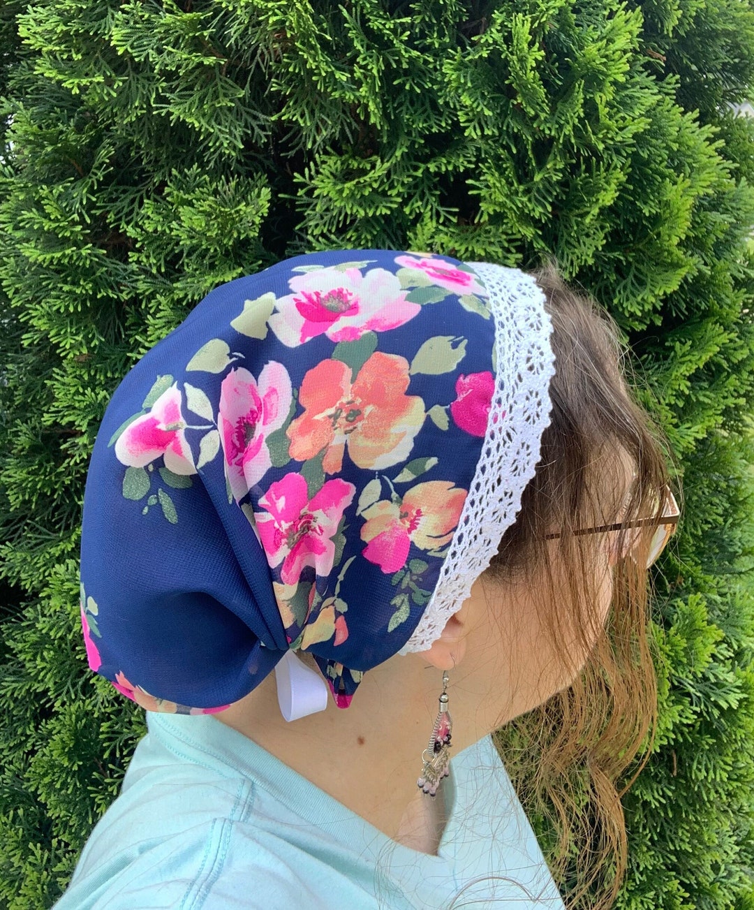 Navy And Pink Floral Chiffon Snood With Lace Headcovering Tichel