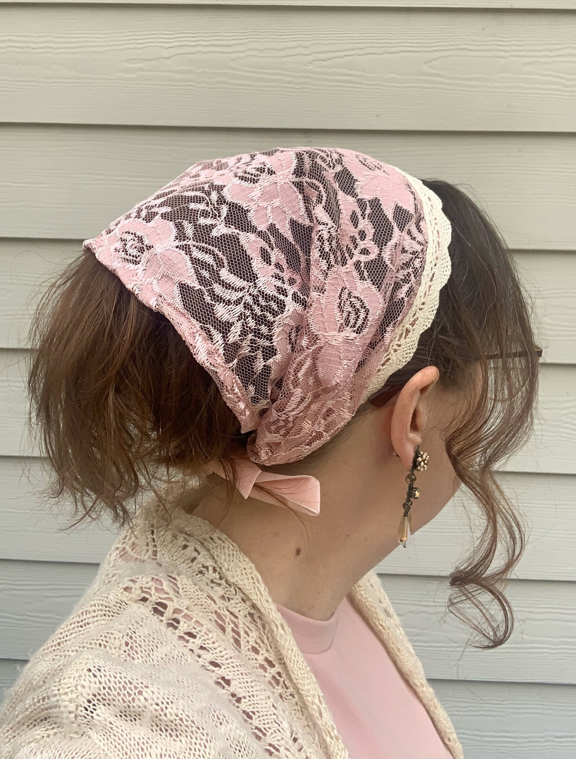 Pink Floral Lace W Lace Trim Medium Headcovering Headband Headscarf