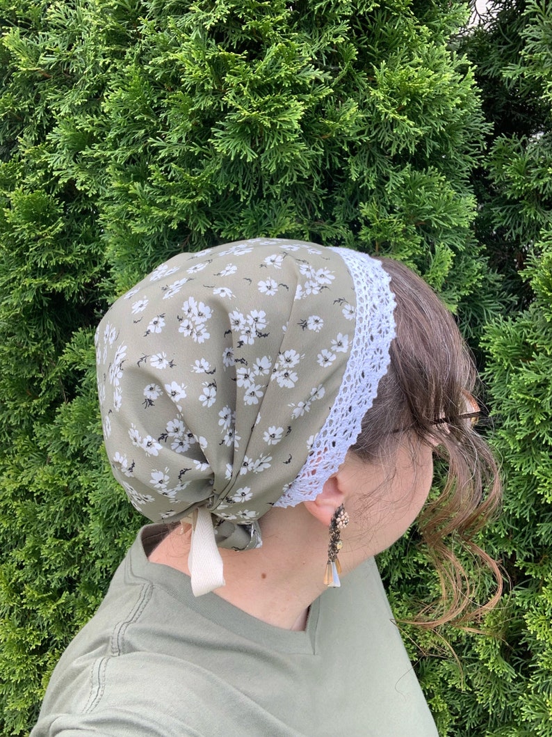 Sage Floral and Lace Snood, Headcovering, Headwrap, Headscarf, Tichel ...