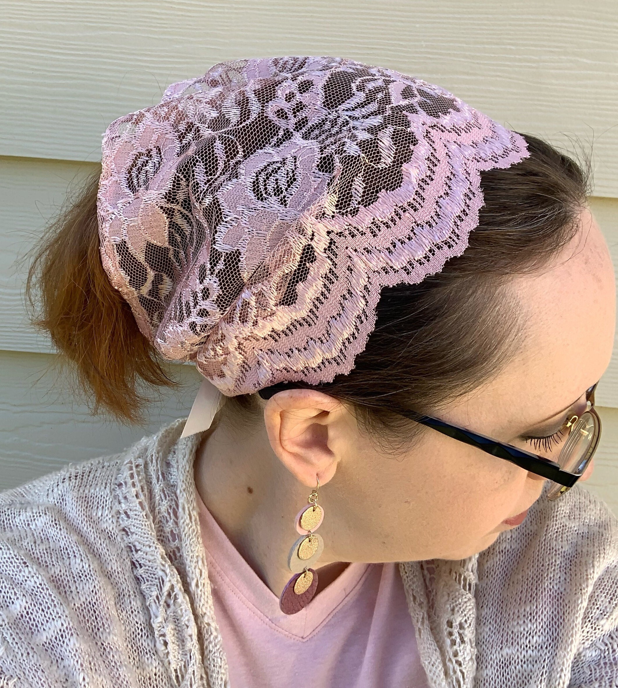 Full And Medium Coverage Pink Floral Lace Snood Headcovering Prayer