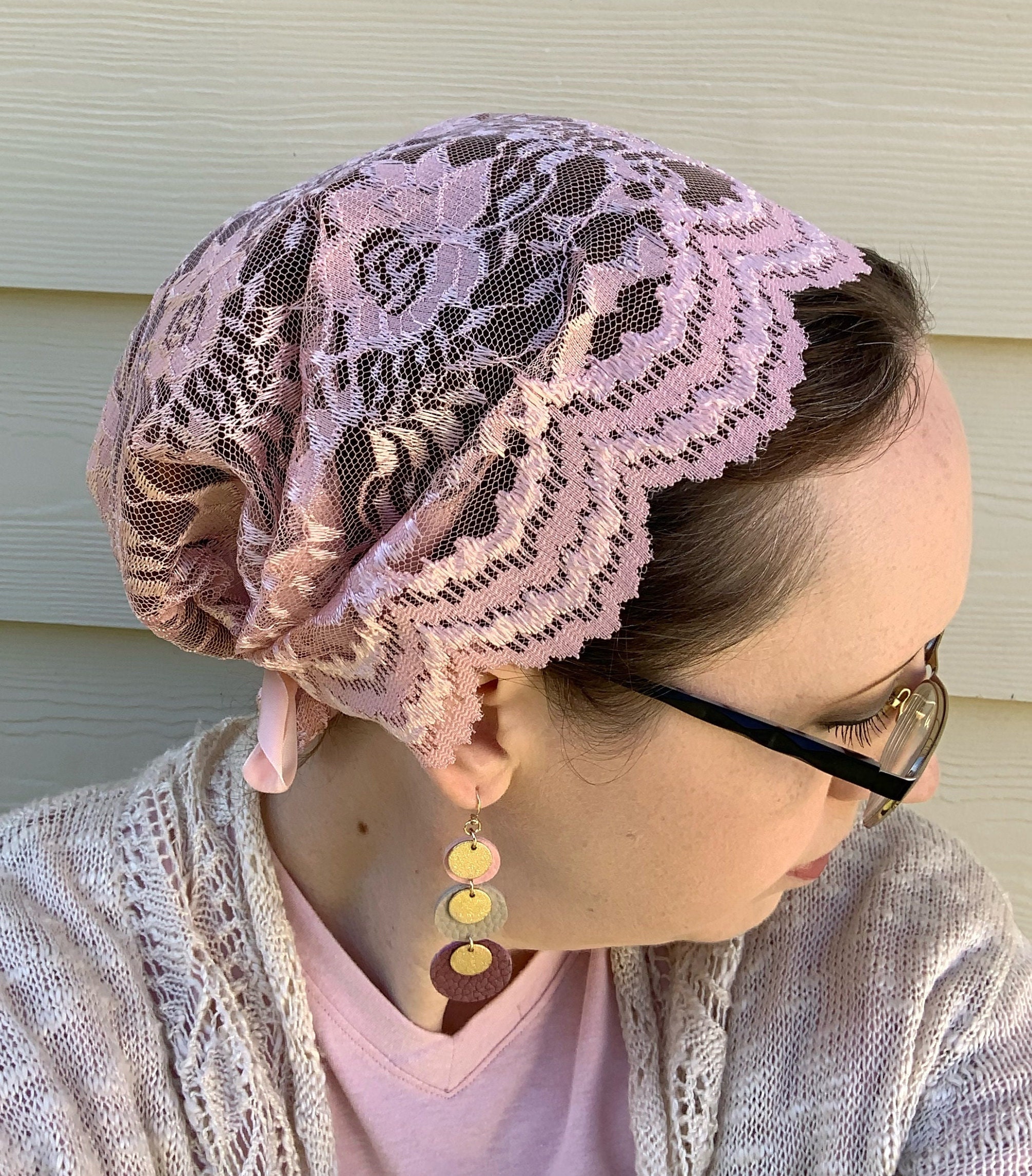 Full And Medium Coverage Pink Floral Lace Snood Headcovering Prayer