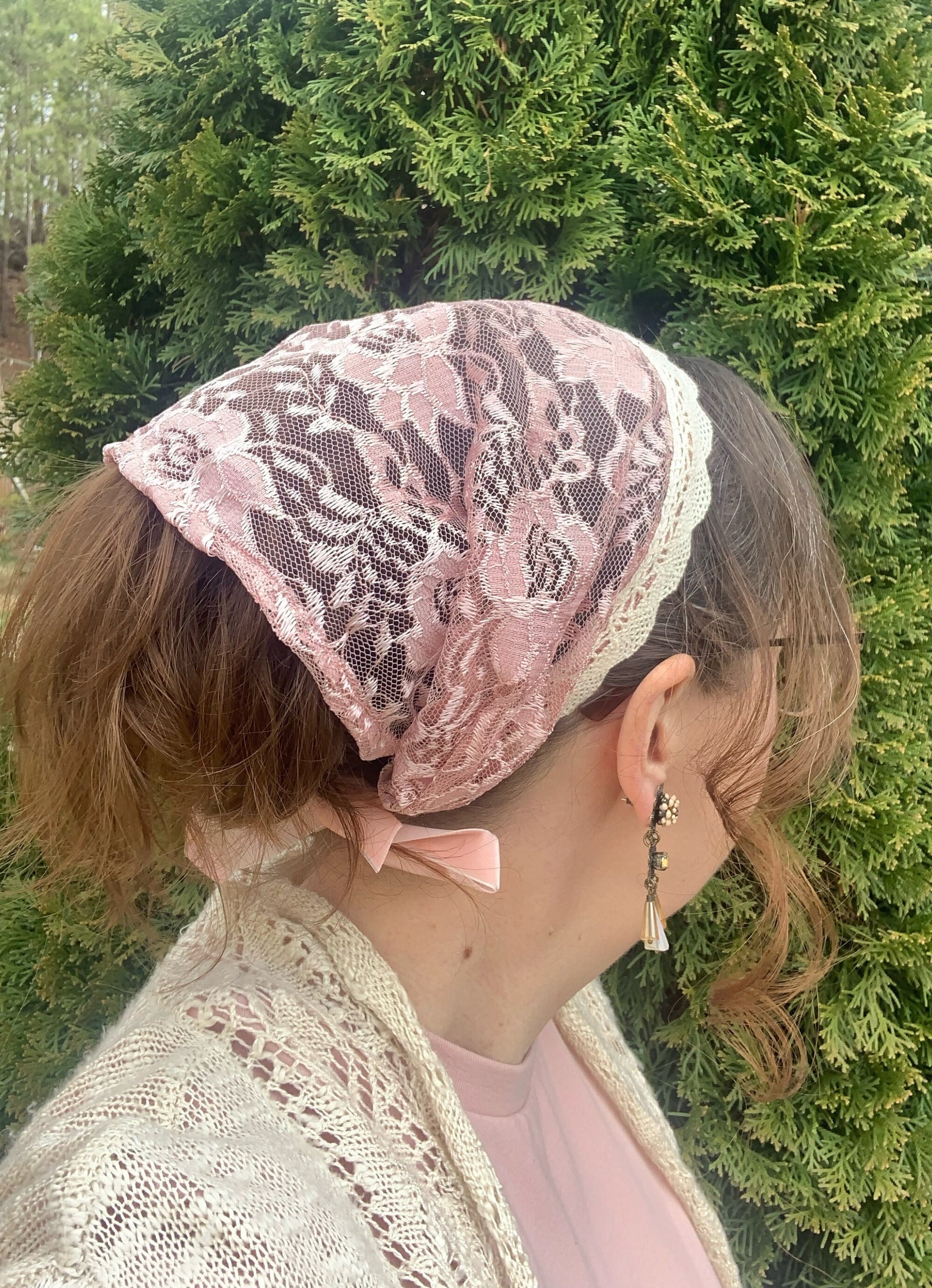 Pink Floral Lace W Lace Trim Medium Headcovering Headband Headscarf