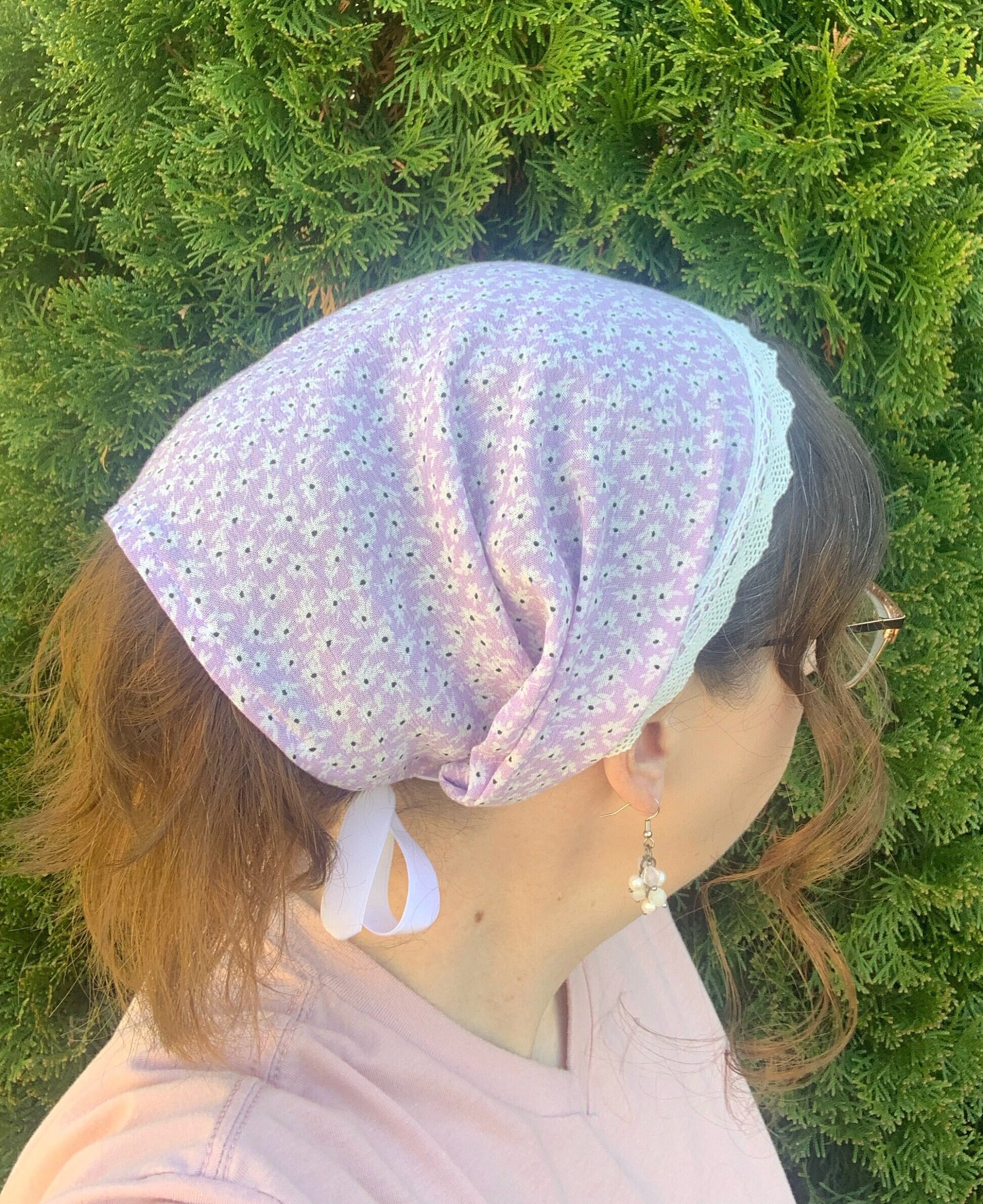 Lavender Daisy and Lace Medium Headcovering, Headband, Tichel, Headwrap ...