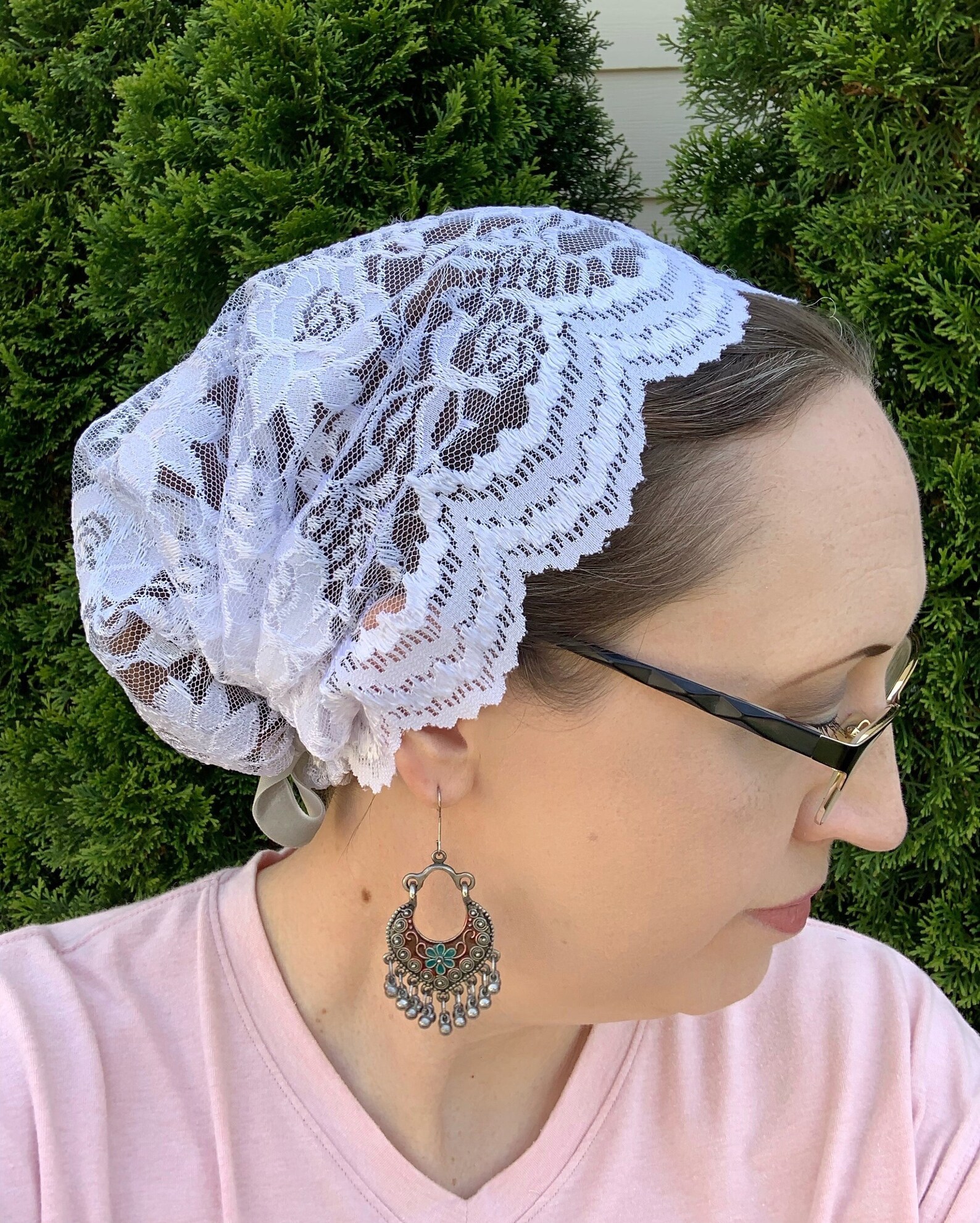 New Elastic Back White Lace Full Coverage Snood, Headcovering, Tichel ...