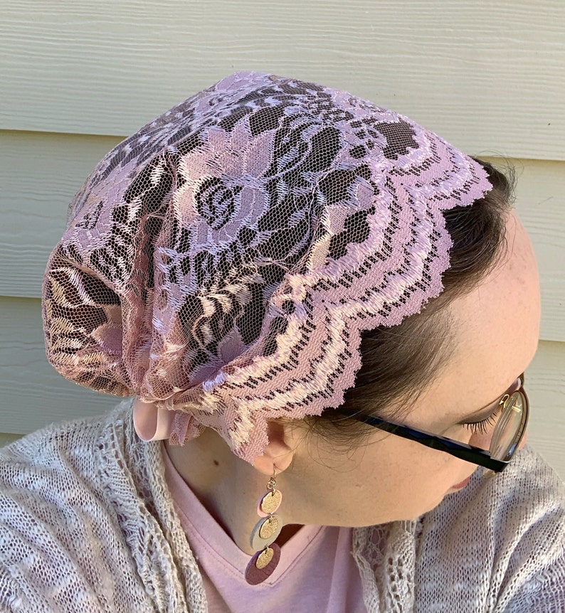Full And Medium Coverage Pink Floral Lace Snood Headcovering Prayer