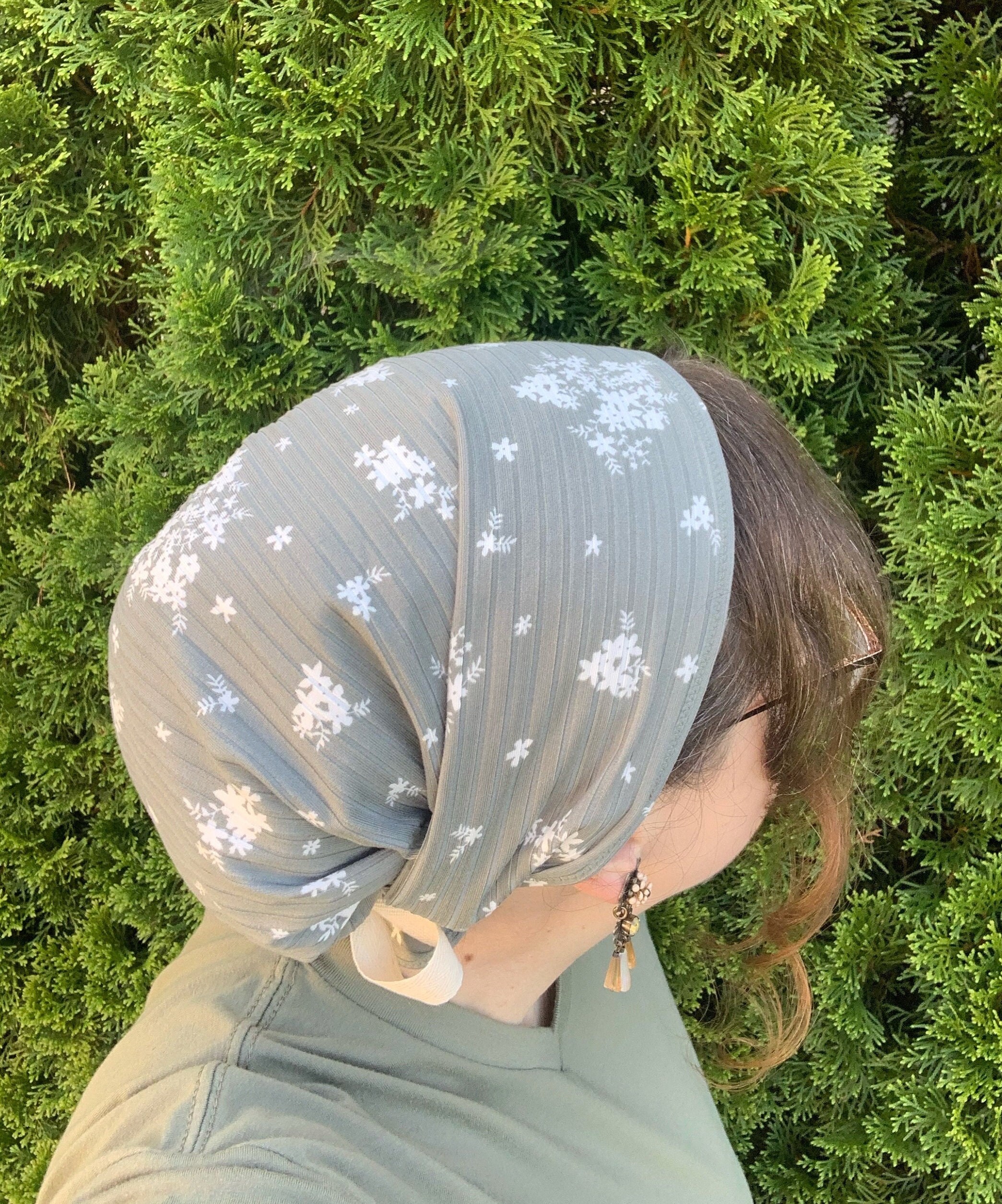 Sage and Ivory Floral Stretch Knit Full Coverage Snood, Headcovering ...