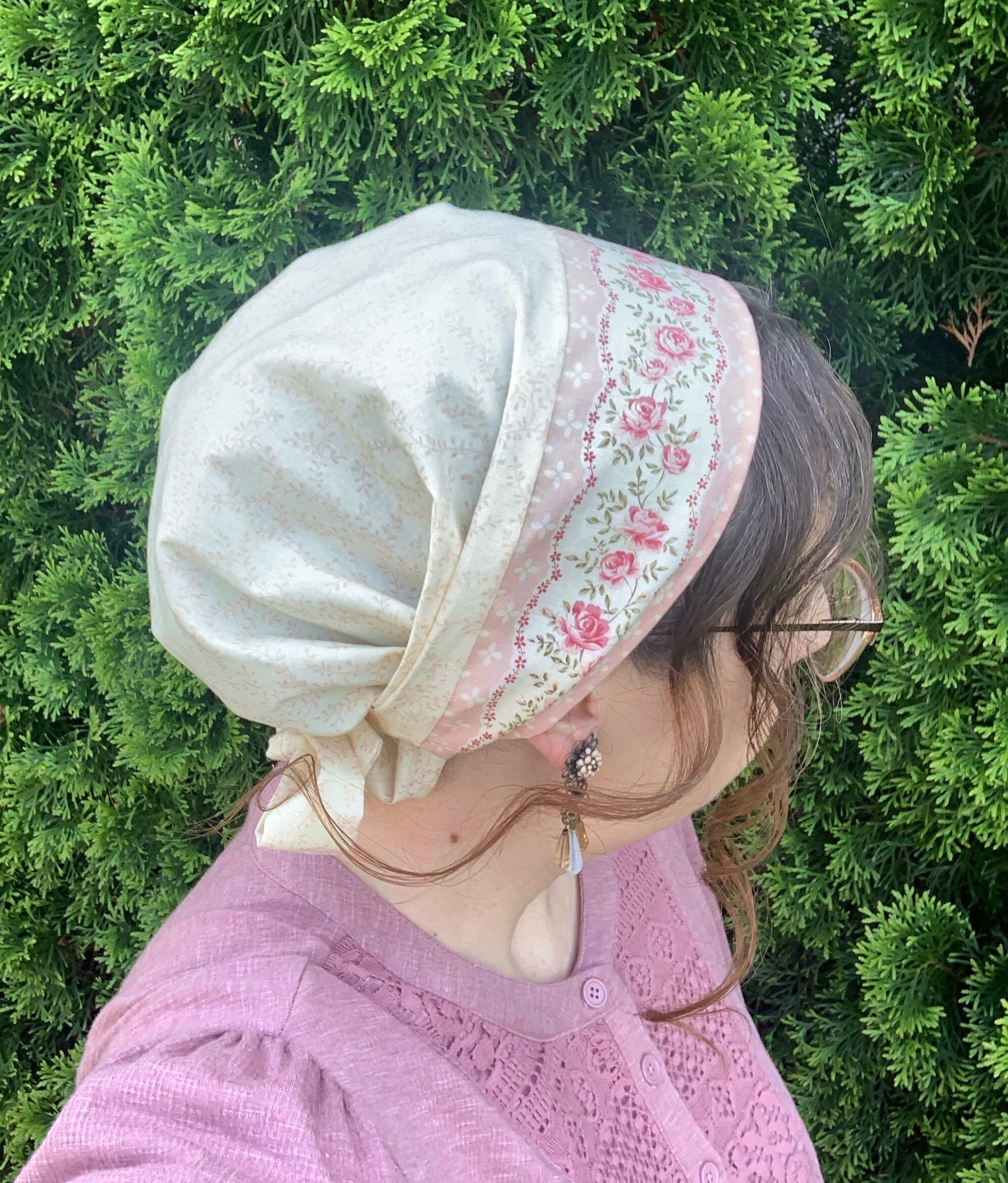 100 Cotton Pink Floral Full Coverage Snood Headcovering Headwrap