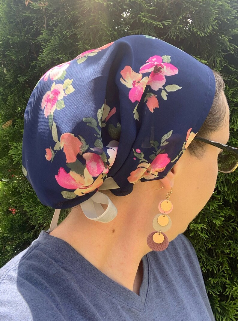 Elastic Back Navy And Pink Floral Chiffon Snood Headcovering Tichel