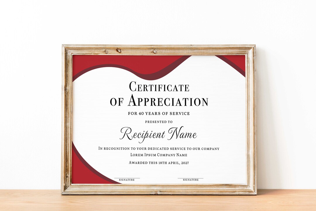 EDITABLE Years of Service Certificate, Appreciation Certificate Template, Printable Corporate ...