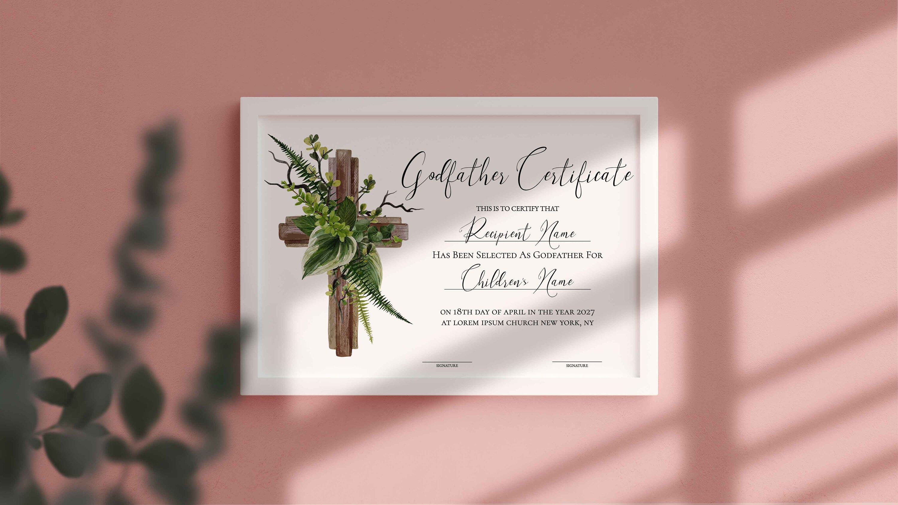 Editable Godfather Certificate Template, Printable Baptism Certificate ...