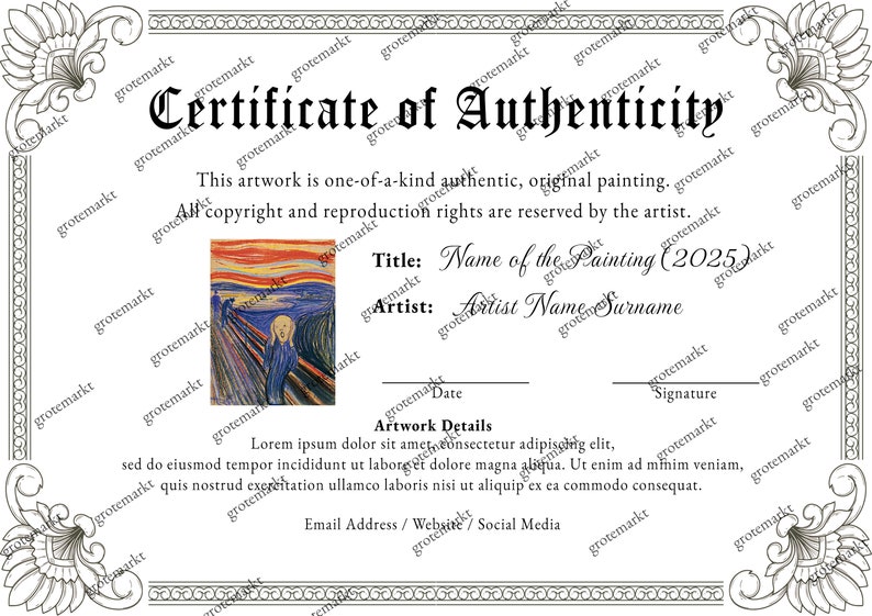Certificate of Authenticity for Artwork, Editable Certificate of ...