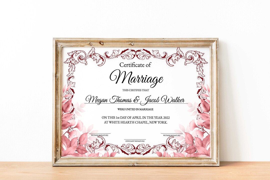 Pink Marriage Certificate, Wedding Certificate Template, Editable ...