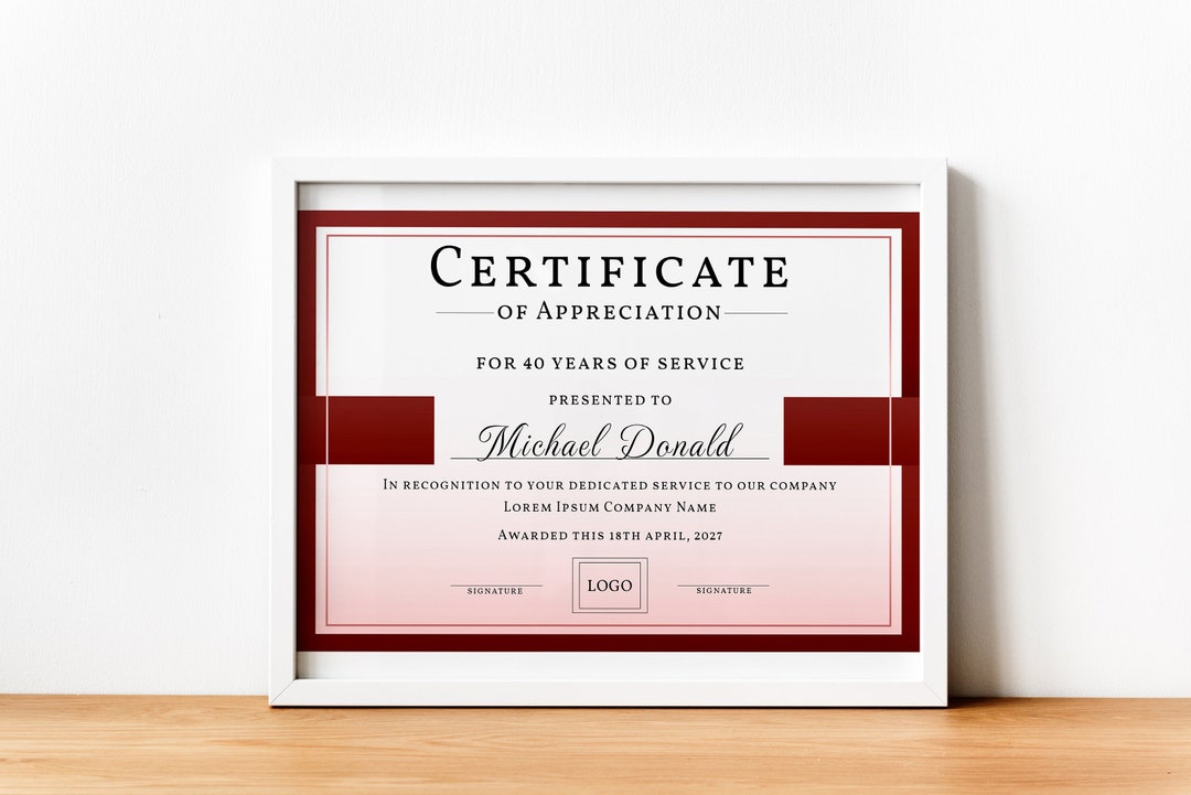 Editable Years of Service Certificate, Appreciation Certificate ...