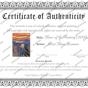 Certificate of Authenticity for Artwork, Editable Certificate of ...